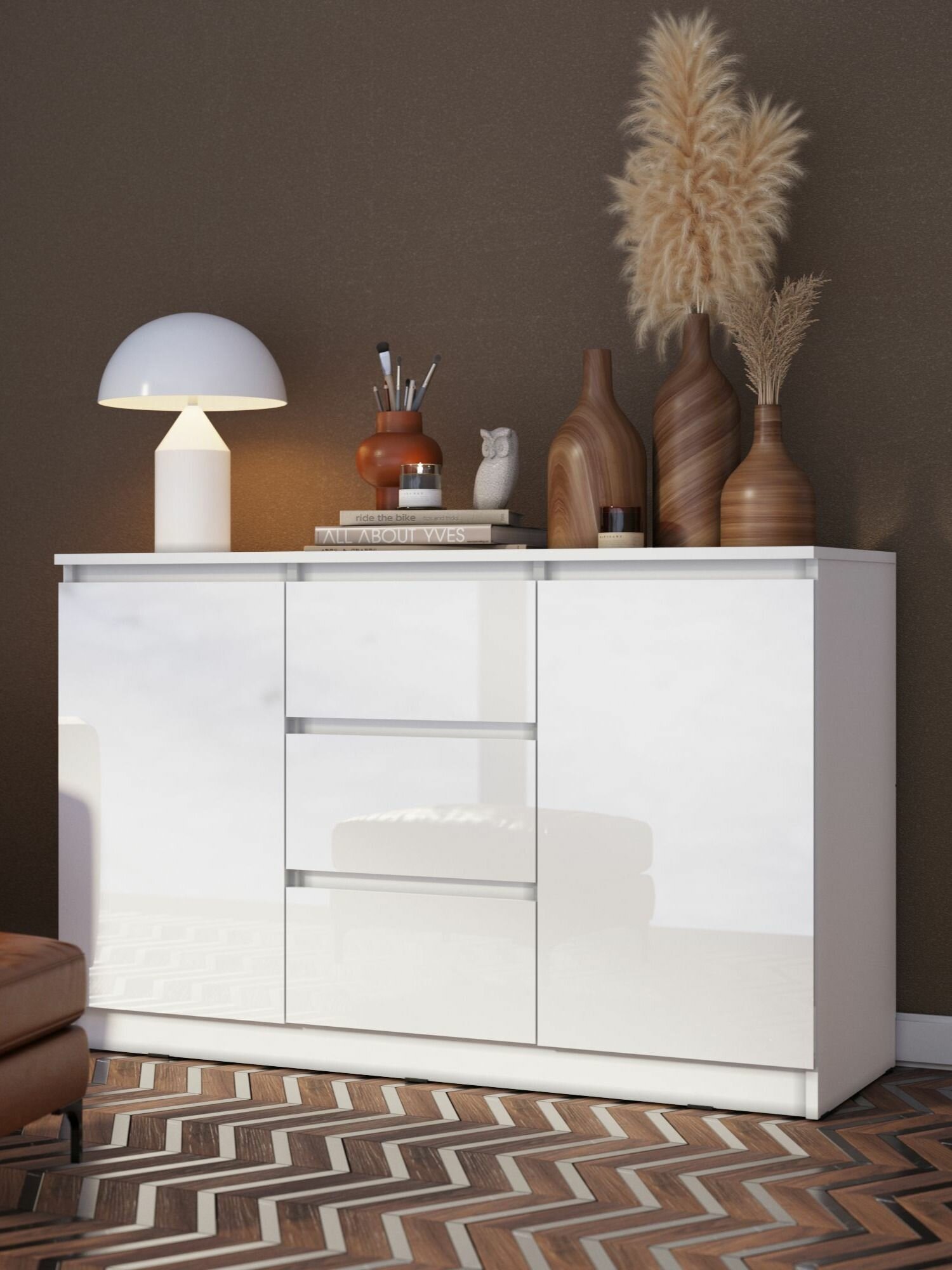 Челси Комод 1200 2 двери 3 ящ. Белый глянец холодный, белый