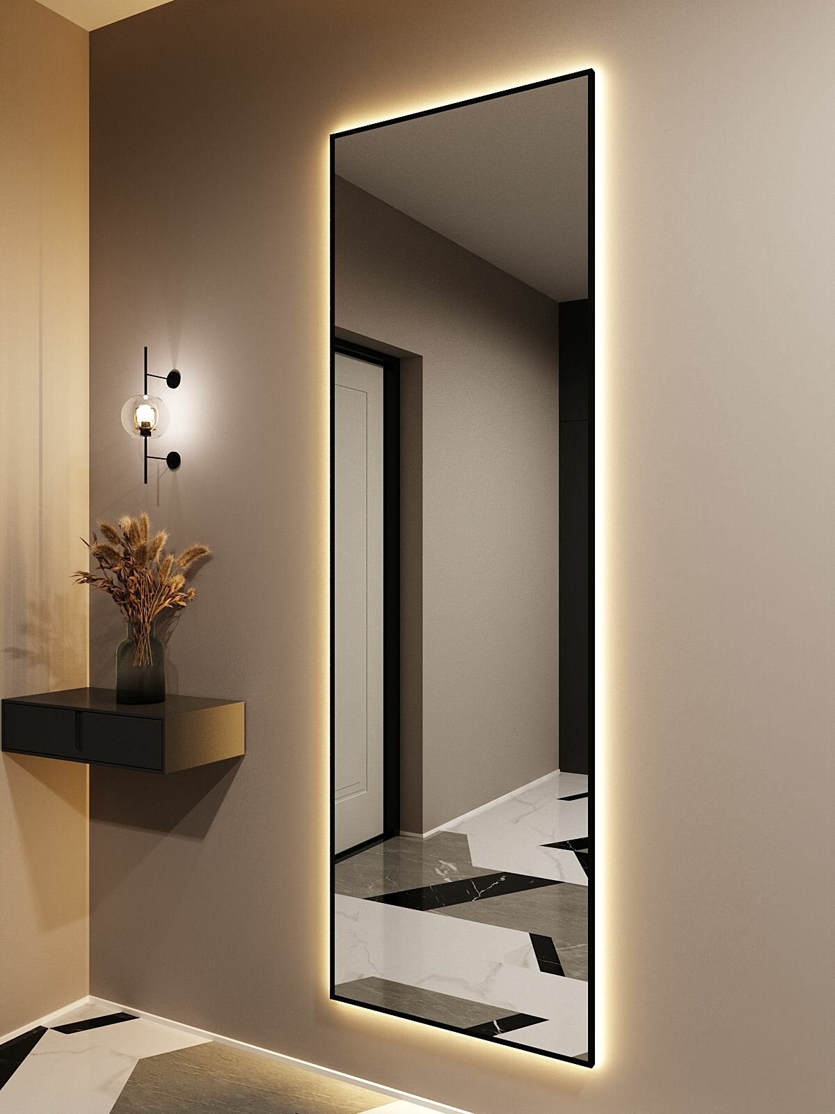 Зеркало настенное 190х60 см. BLX MIRROR с подсветкой в алюминиевой раме. Свет: Теплый белый 3000К, Черное