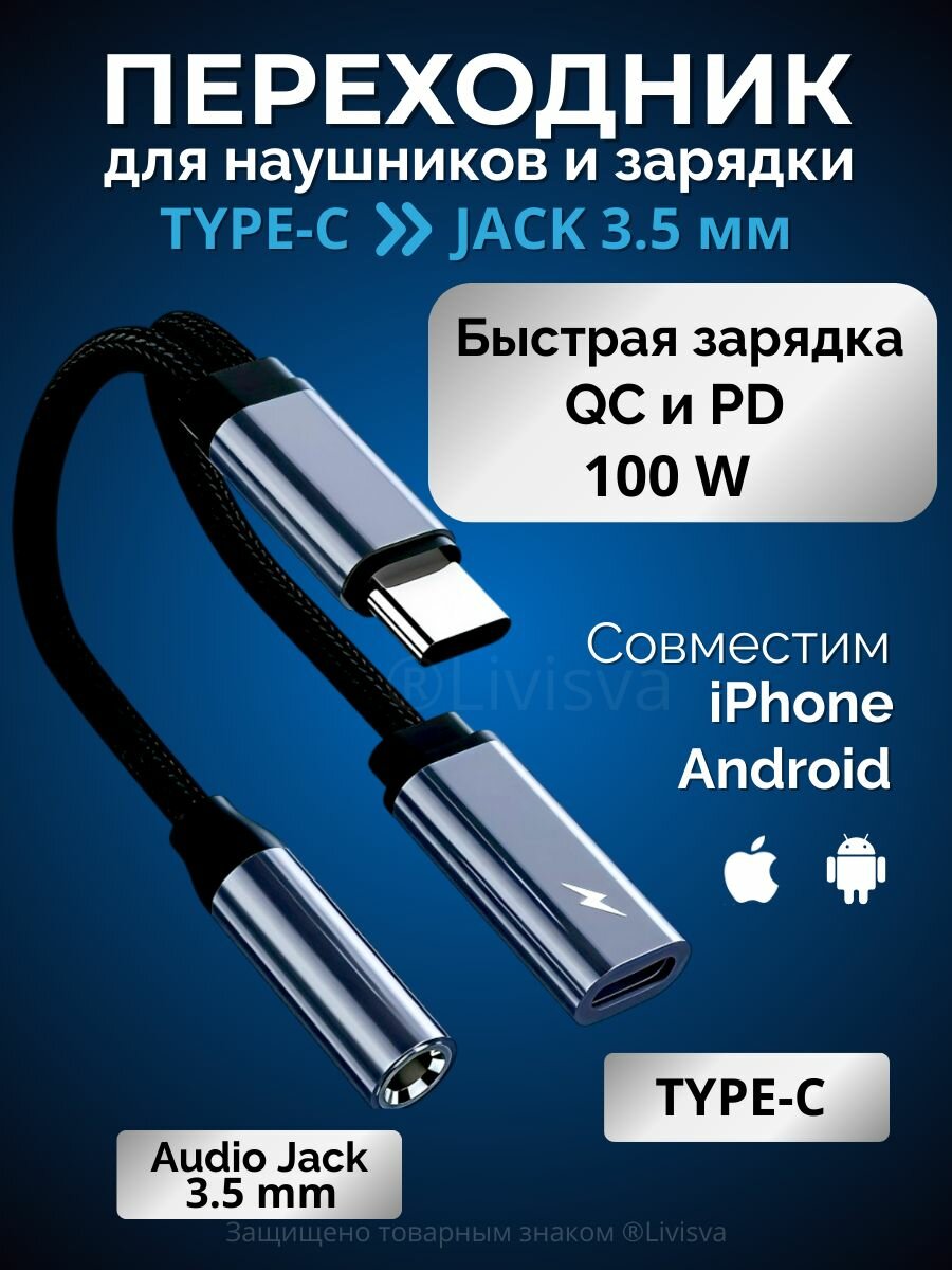 Разветвитель Type-C 2-в-1 (Type-C + 3.5 mm jack), адаптер для наушников и зарядки (PD 100W + Hi-Fi Audio)