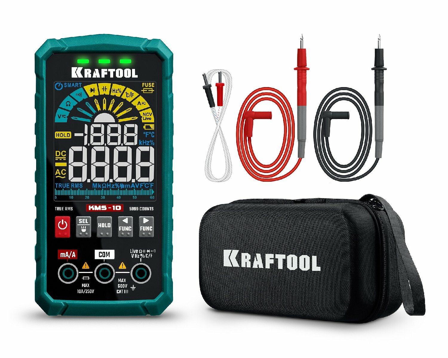 Смарт-мультиметр цифровой KRAFTOOL KMS-10 с дисплеем 5999 измерение температуры -40° +1000°C NCV защитный чехол