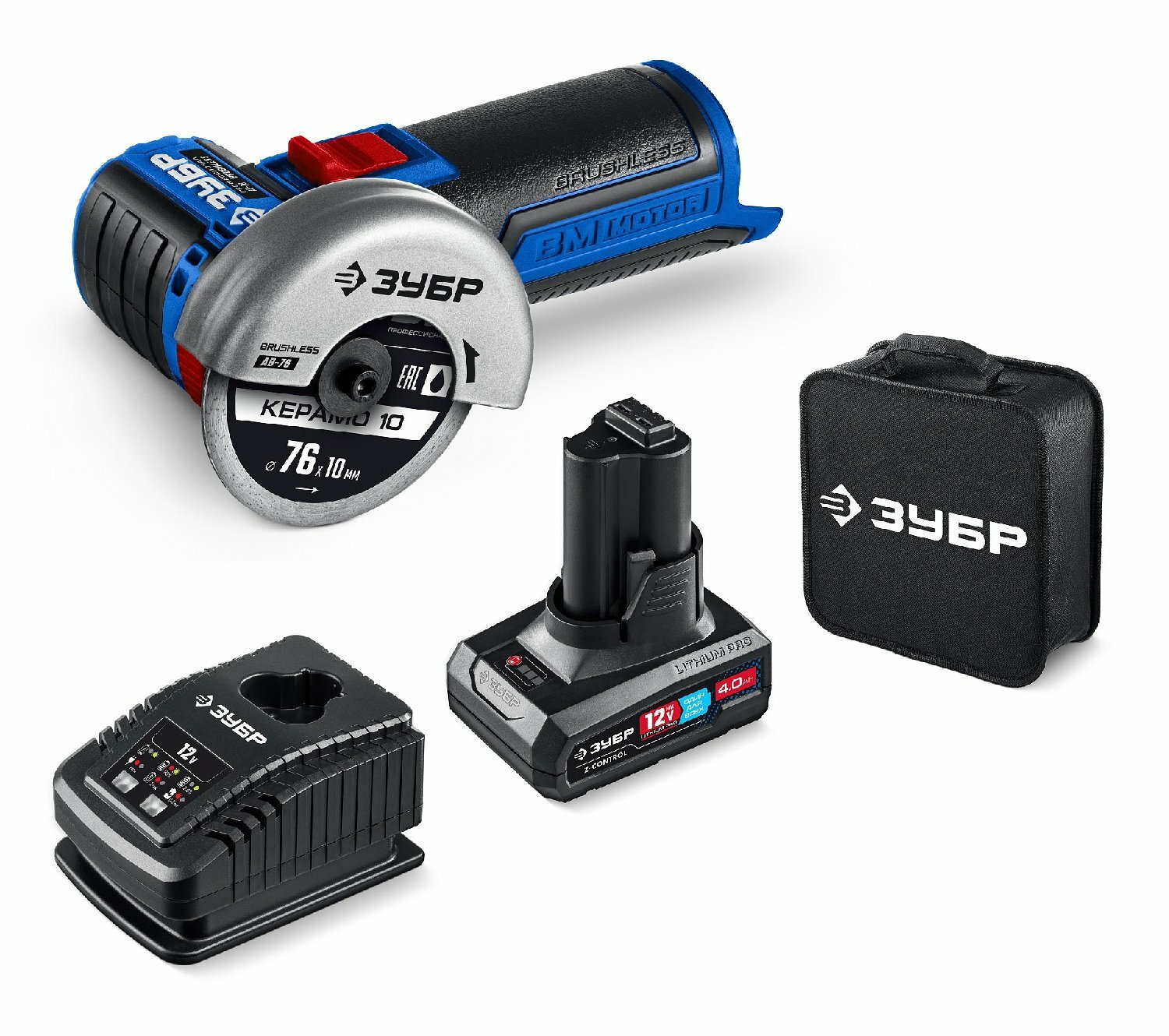 Бесщеточная углошлифовальная машина ЗУБР Профессионал 12 В с аккумулятором 4 А·ч диаметр диска 76 мм сумка в комплекте
