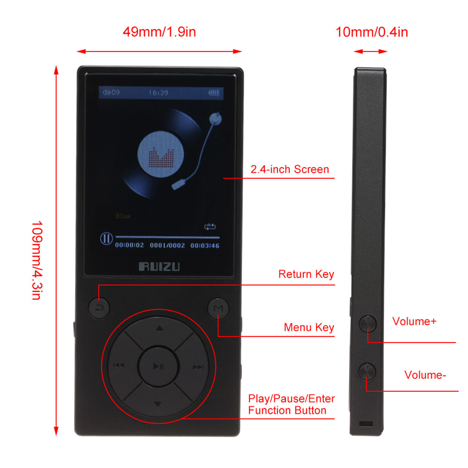 RUIZU D11 8 ГБ MP3/MP4 Плеер с Bluetooth, FM-радио и диктофоном