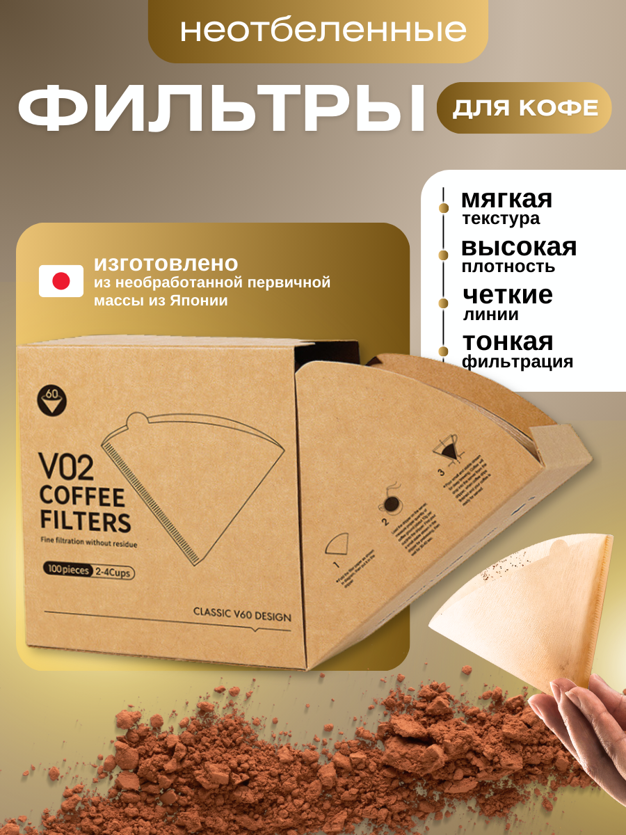 Фильтры для кофе неотбеленные, для воронки Hario V60 №02, бумажные,100шт