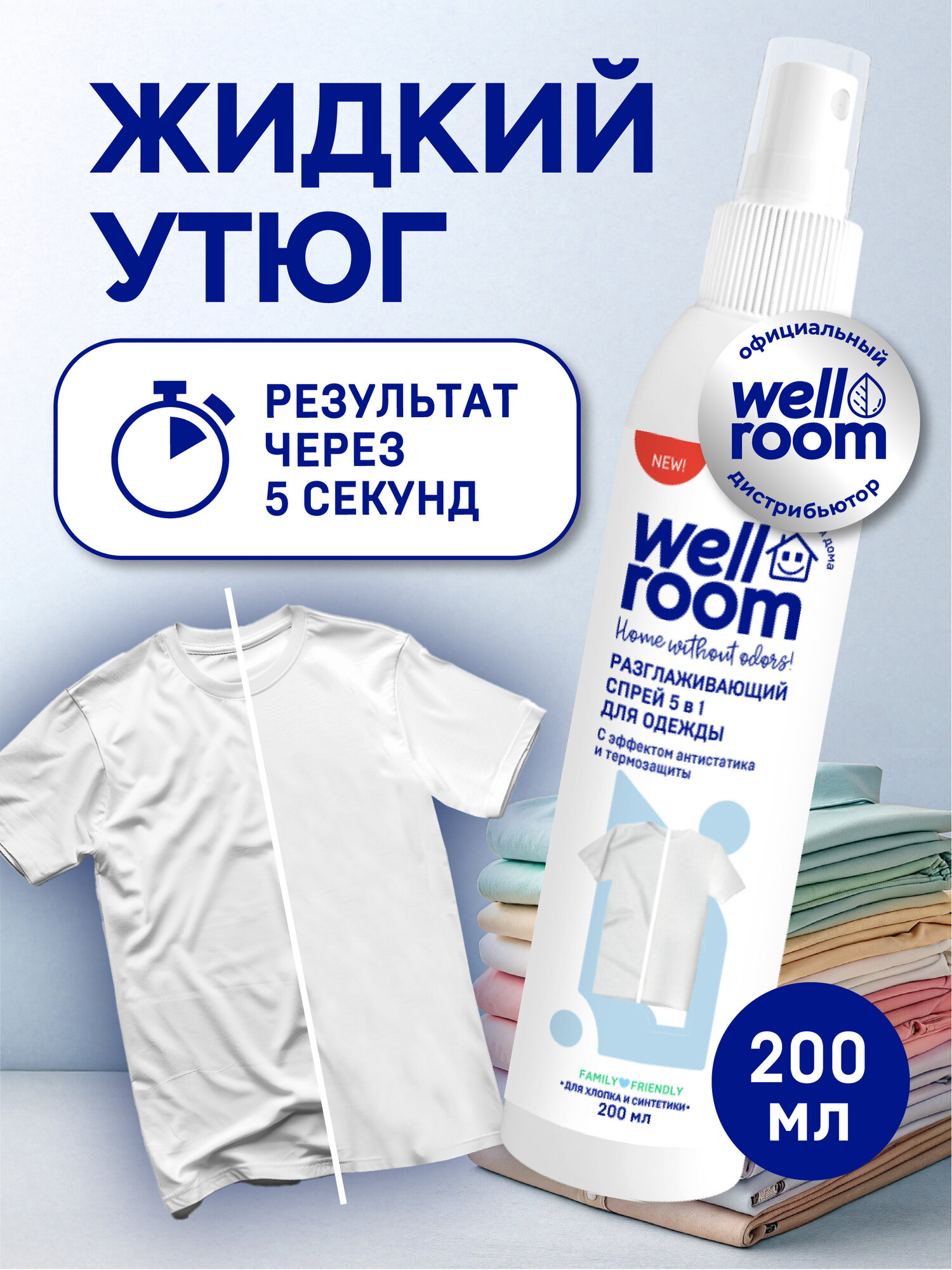 Спрей-растяжитель WellRoom "Жидкий утюг", 5 в 1, для одежды, 200 мл
