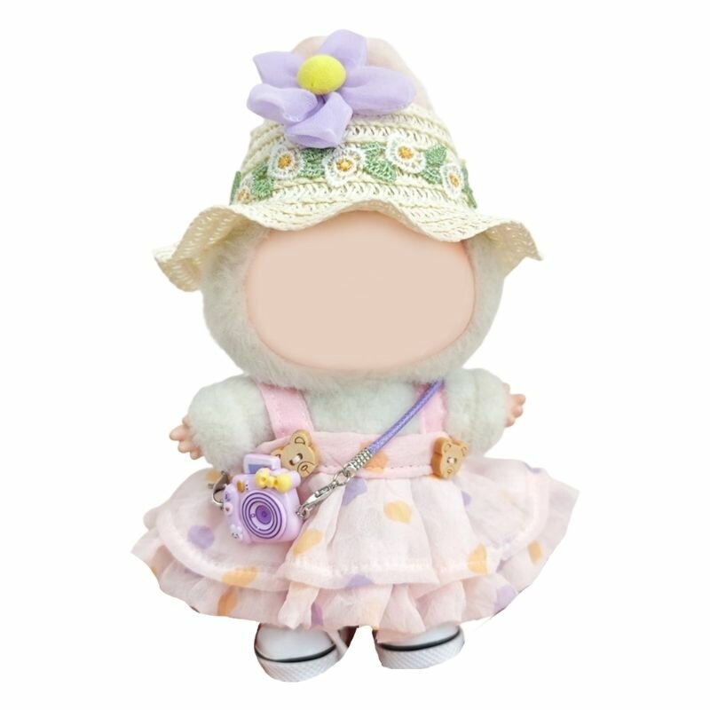 (1 комплект) Одежда для Labubu 17 см, сарафан и соломенная шляпа, без куклы - Фиолетовое платье, шляпа с эльфами, фиолетовый фотоаппарат, белые кеды