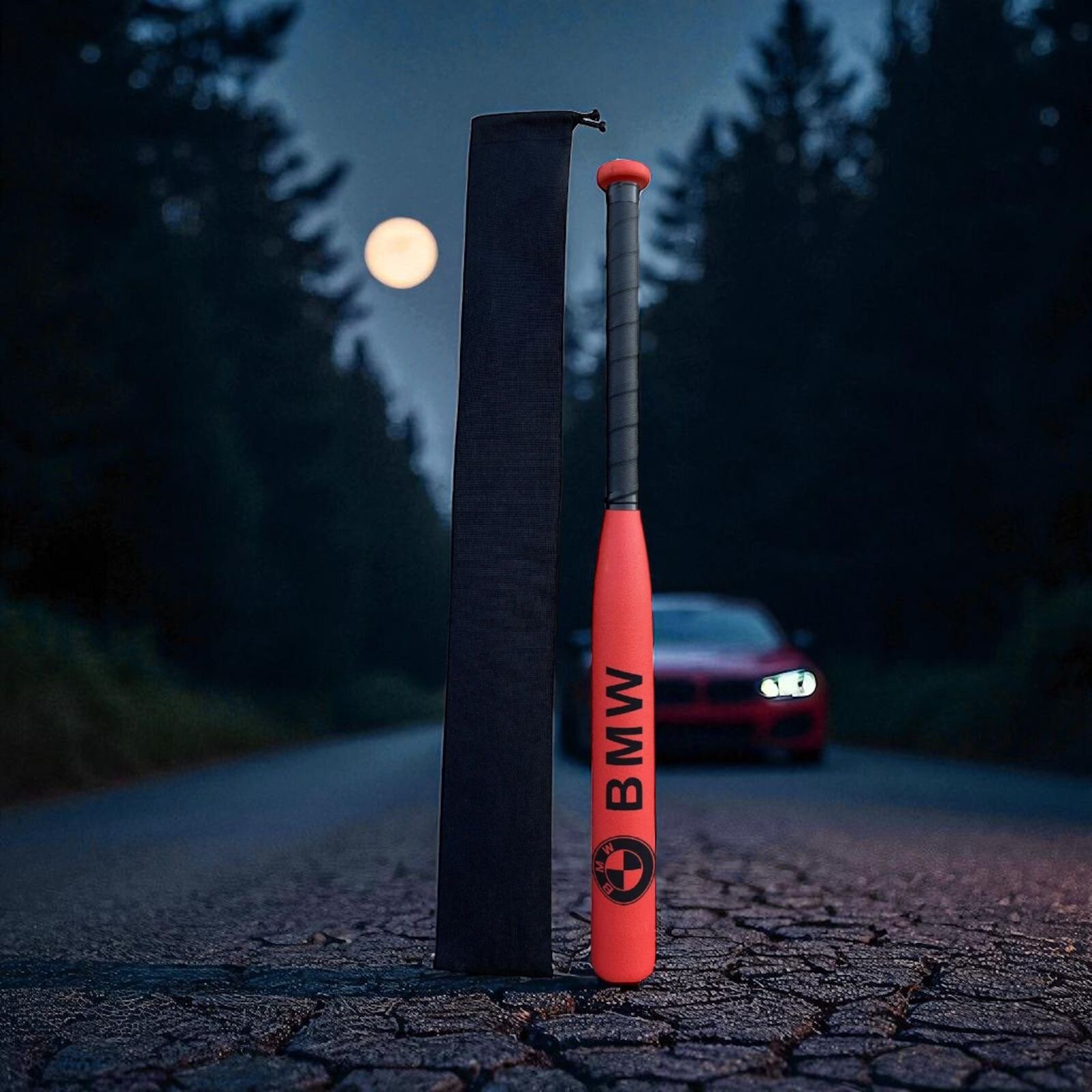 Бита бейсбольная красная с черной рукояткой с логотипом BMW (БМВ)