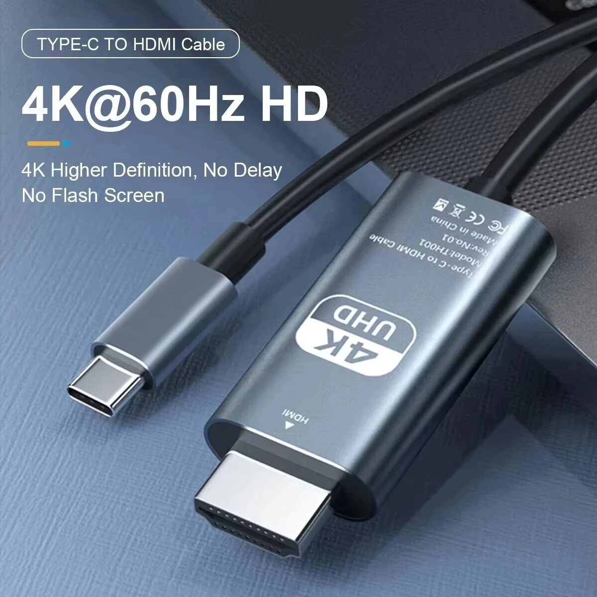 Кабель для преобразования видео Typec в HDMI 4K, 60 Гц, HD-кабель с тем же экраном, ТВ-компьютер, 2-метровый плетеный экранны. — фото 1