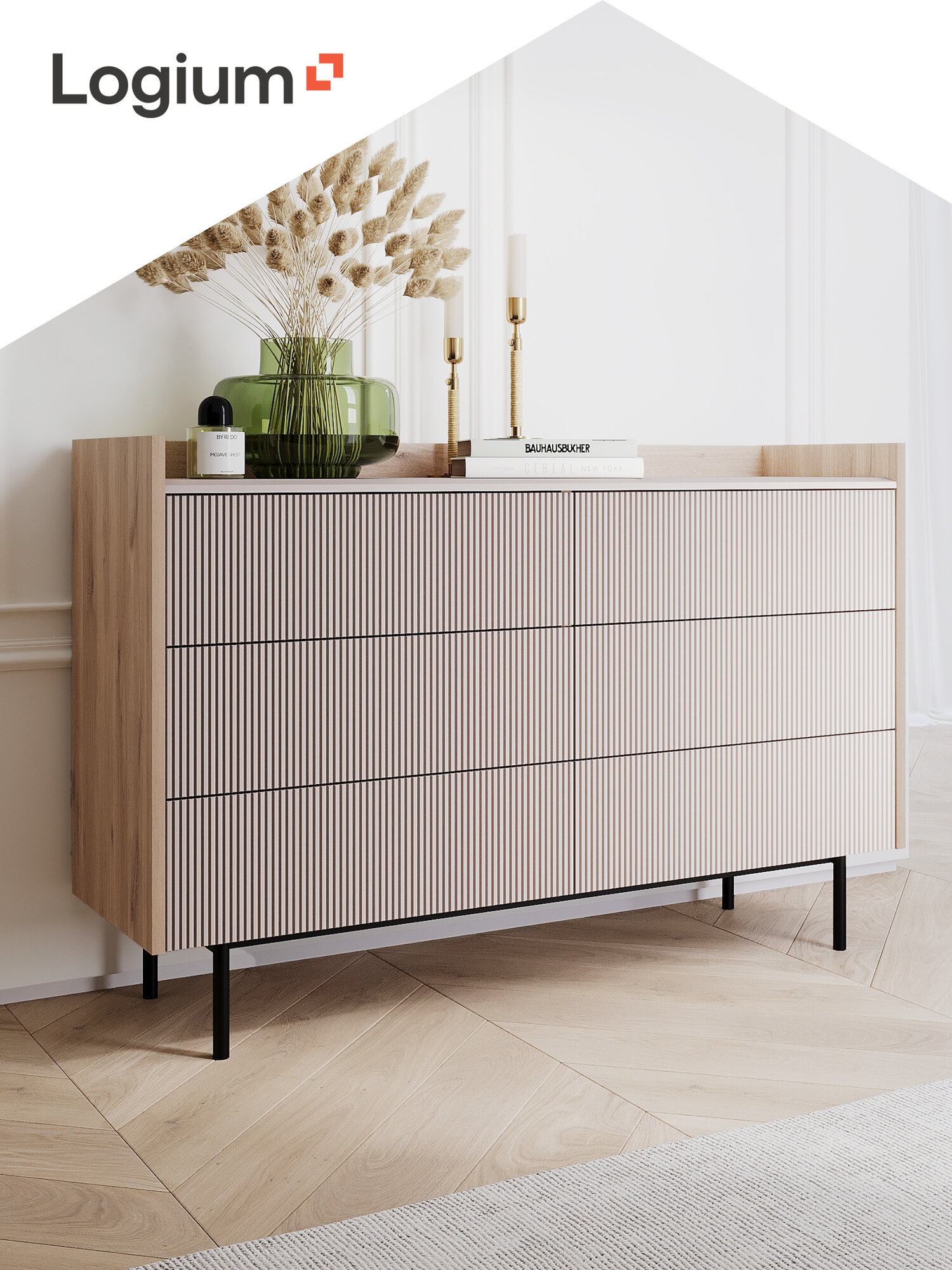 Комод с ящиками бежевый, 116,6 х 36,5 х 76,8см, Наоми 16.243.06, Дуб Белый exclusive, Моно керамика