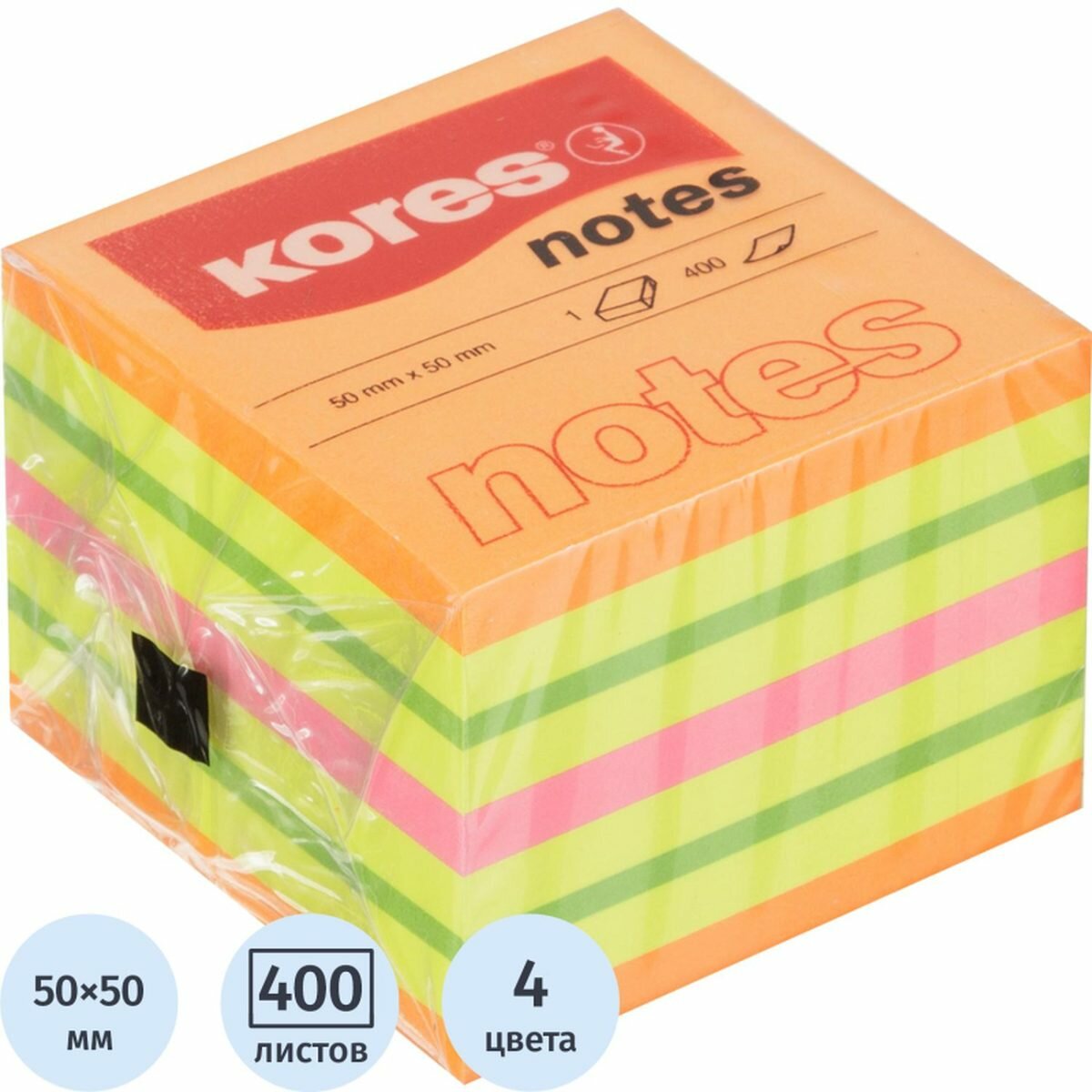 Стикеры (самоклеящийся блок) Kores Cubo, 50x50мм, 4 цвета неон, 400 листов (1801188), 8 уп.