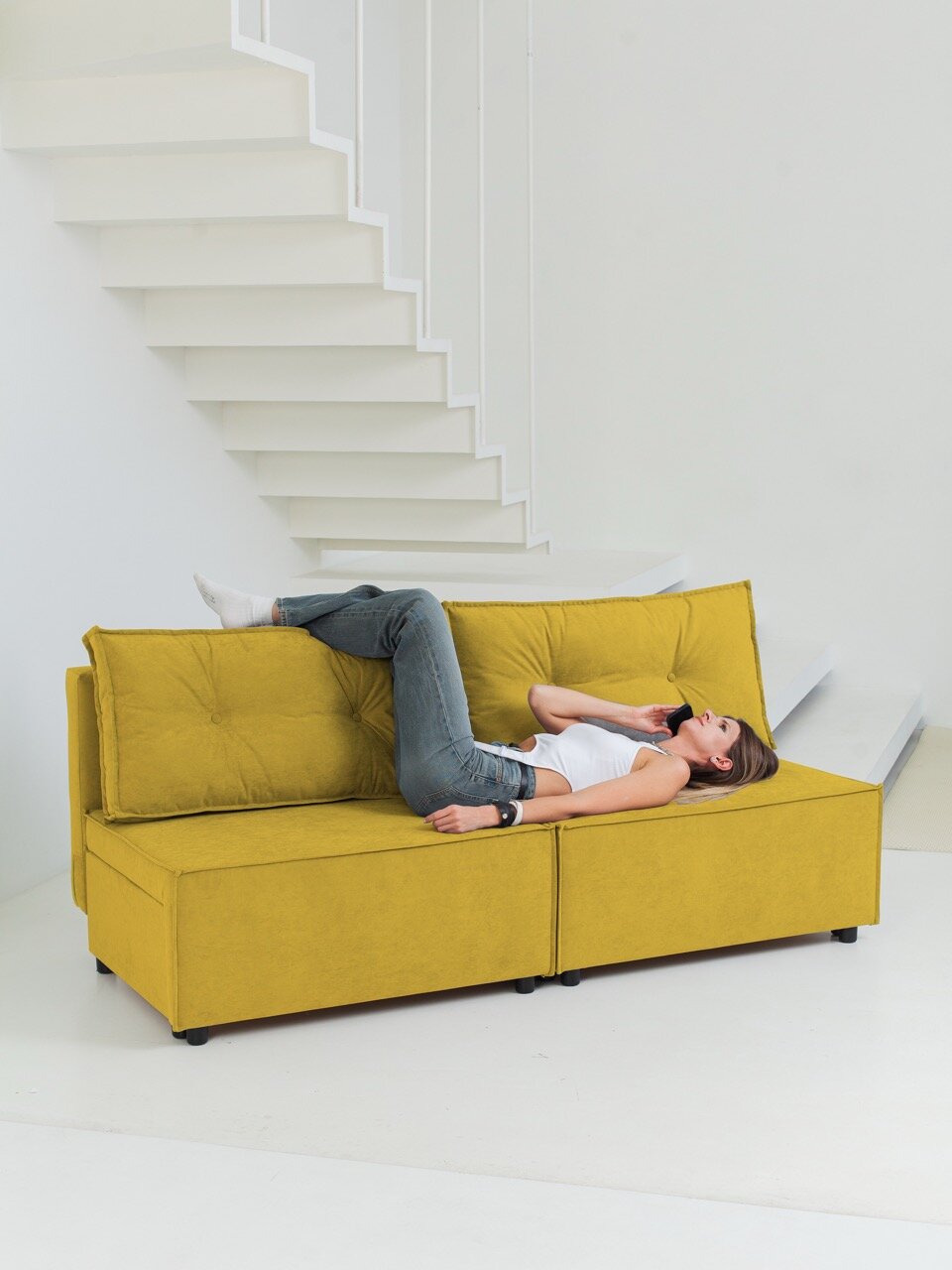 Диван CITYHD Цюрих, раскладной, двухспальный, еврокнижка, горчичный, велюр