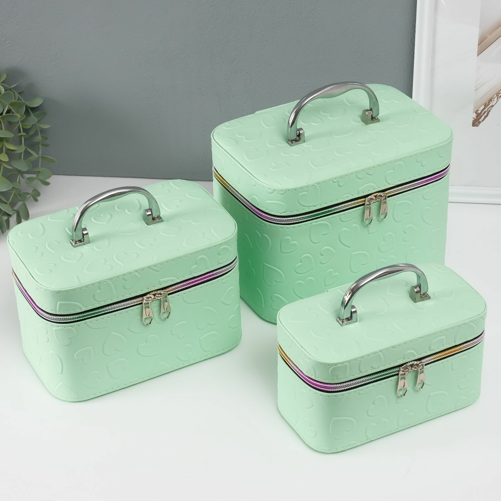 Набор шкатулок для украшений с зеркалом "Сердца", 3 шт, искусственная кожа, св. зелёная