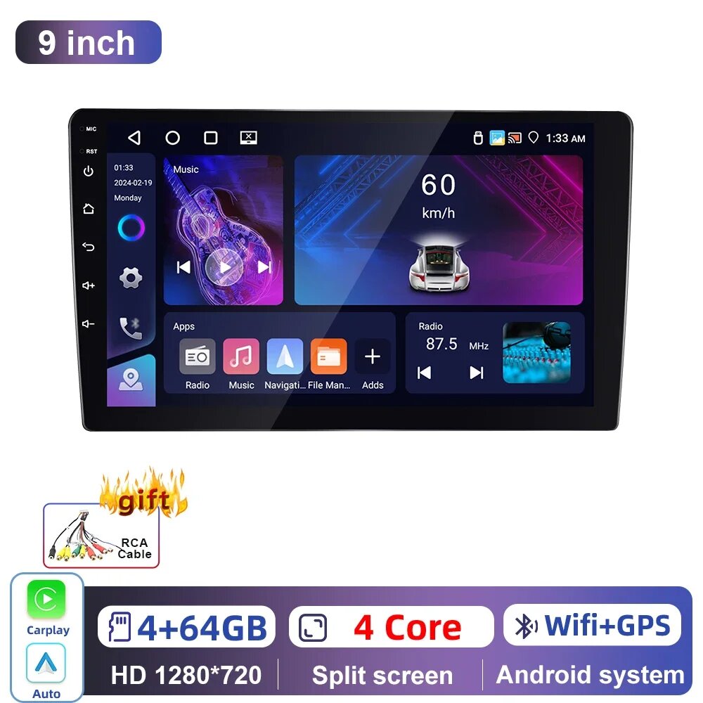 Автомагнитола Podofo, Универсальная Автомобильная Мультимедийная система на Android, с 9 "экраном, GPS, 4 Гб ОЗУ, 64 Гб ПЗУ, IPS экраном, Wi-Fi, FM-радио, EQ, несколько интерфейсов, типоразмер 2DIN, 4G 64G Carplay