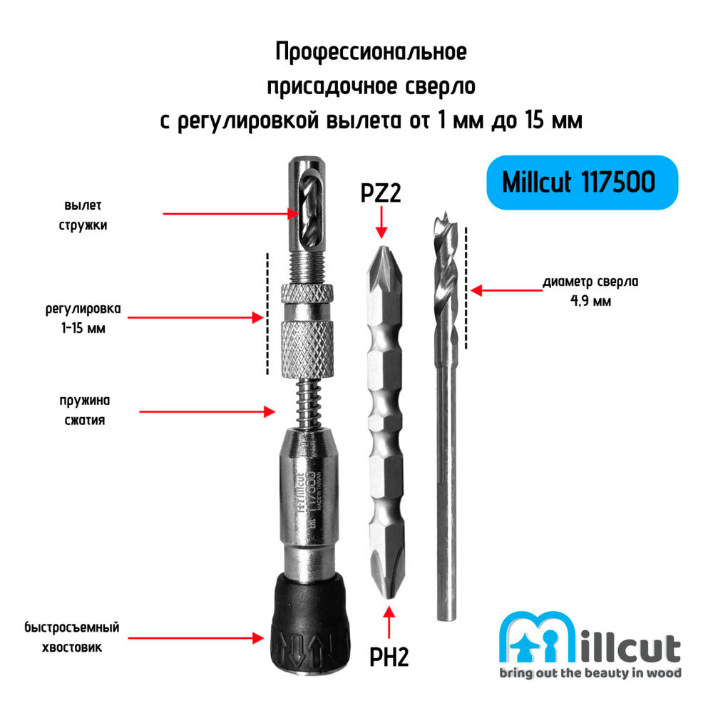 Cамоцентрирующееся присадочное сверло 4,9 L110 с точной регулировкой вылета сверла 1-15 мм Millcut 117500