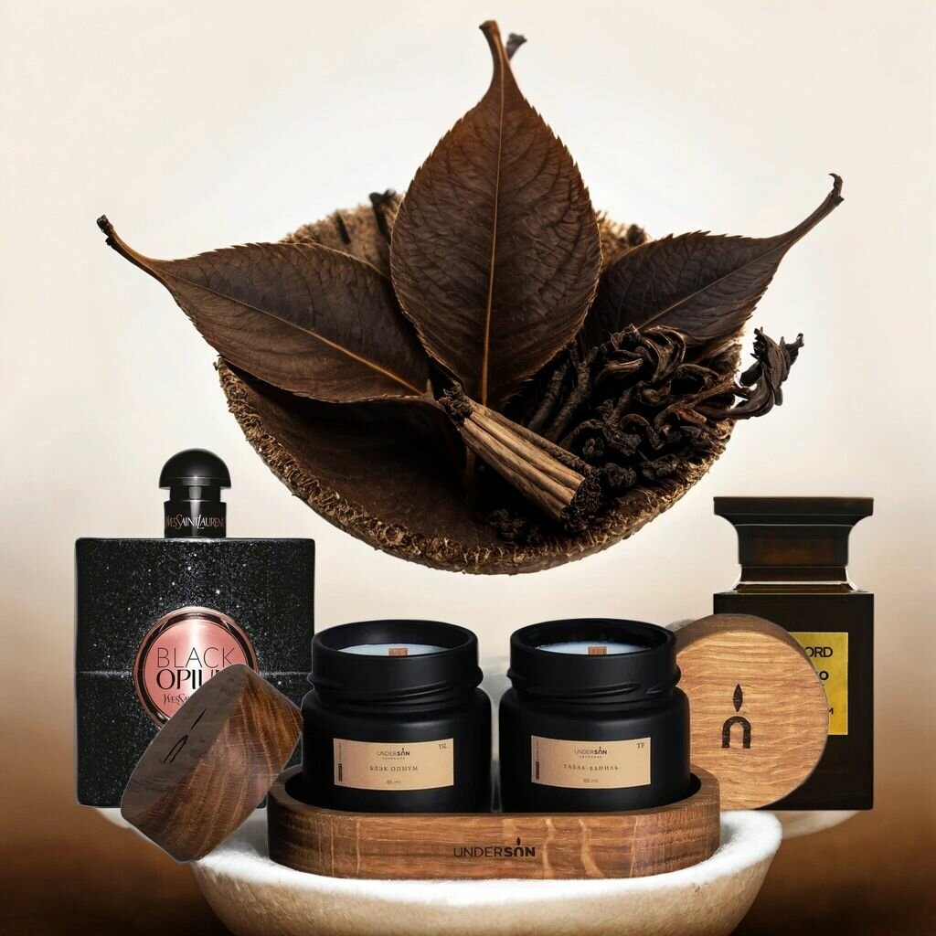 Набор из двух ароматических свечей с подставкой из дуба - Блэк опиум и Табак ваниль / аромасвечи для дома / подарок женщине