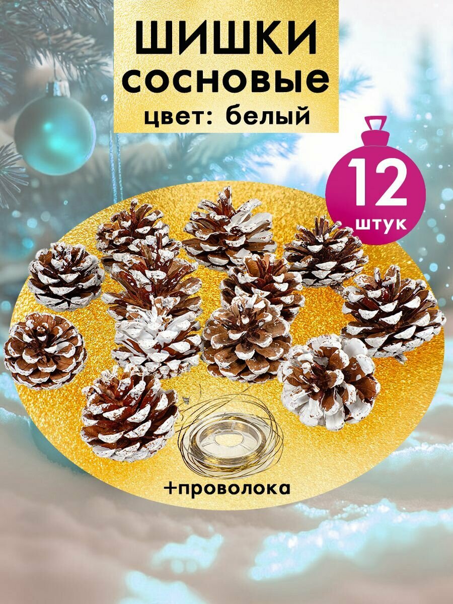 Шишка сосновая крашеная d 55-60 мм, h 50-55 мм (белый) 12 шт. + проволока