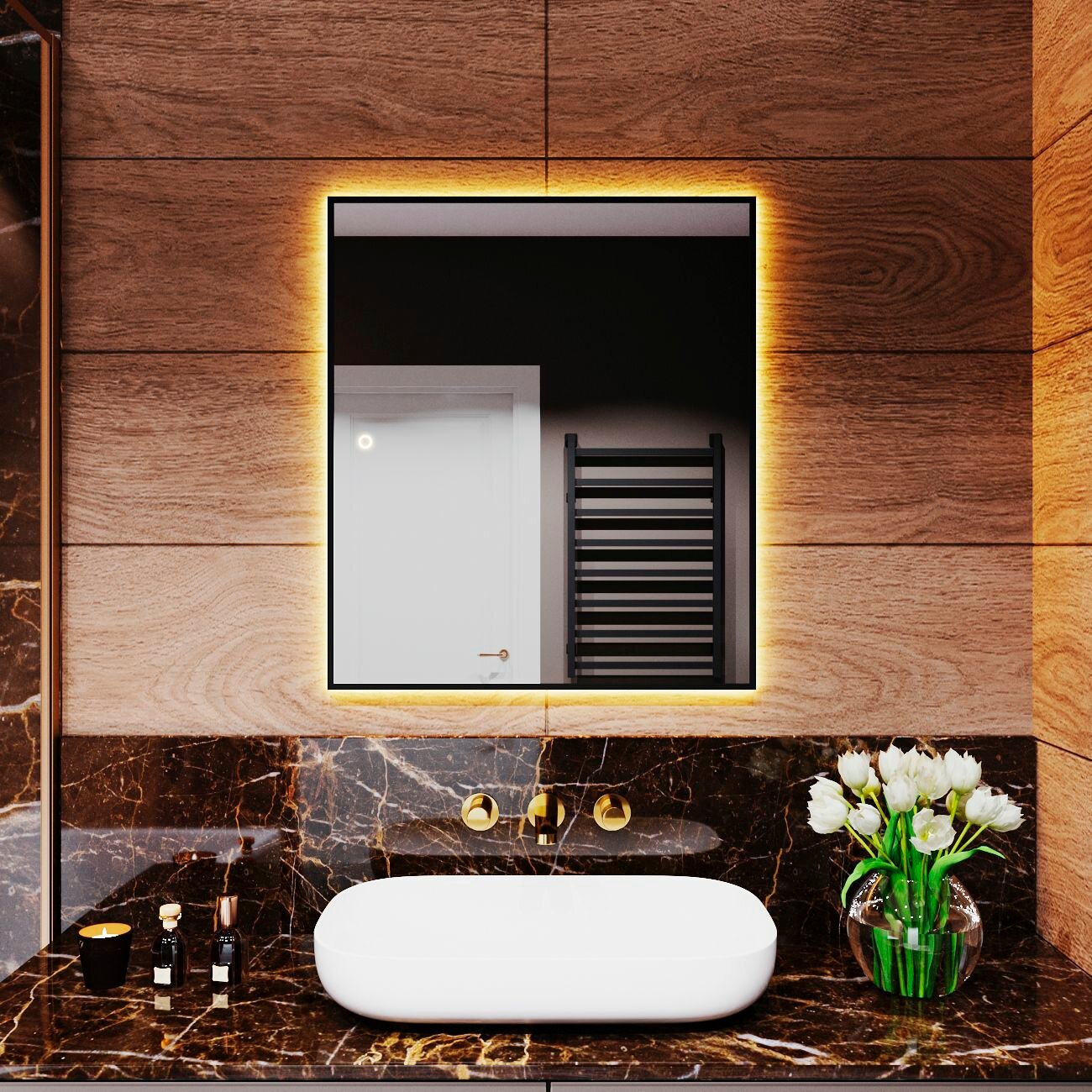 Зеркало настенное 70х70 см. BLX MIRROR с подсветкой в ванную сенсорное в алюминиевой раме, Черное