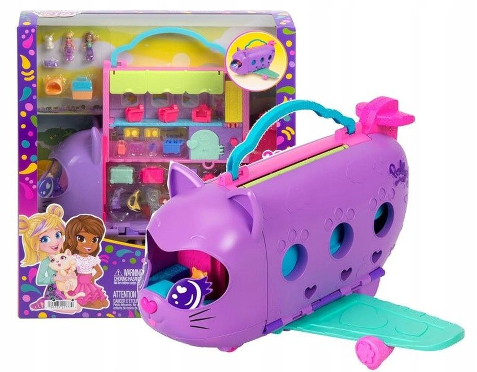 Фигурки Mattel Polly Pocket - Игровой набор Cat Airplane Самолет + куклы и аксессуары - Полли Покет HWP19