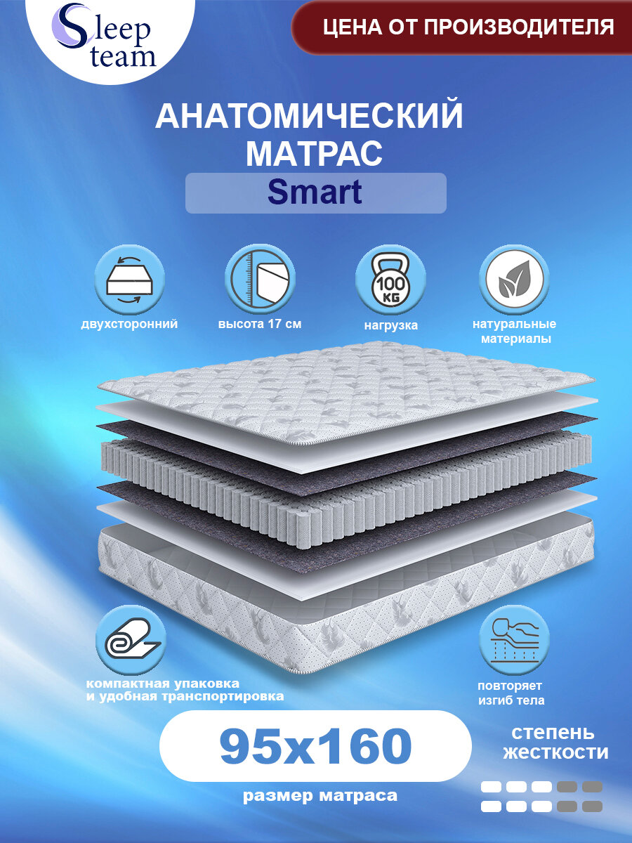 Матрас SleepTeam Smart 95х160, пружинный, высота 19 см, односпальный