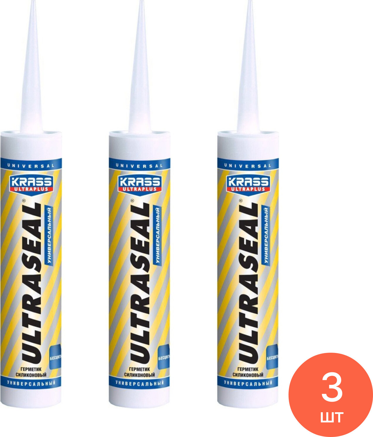 Герметик силиконовый Krass / Красс Ultraseal универсальный, прозрачный, 260мл / строительство и ремонт (комплект из 3 шт)