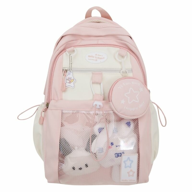 Школьный ранец корейской версии для учащихся младших классов средней школы, большой вместительный легкий универсальный рюкзак в стиле колледжа, розовый, плюс маленькая сумка и кукла