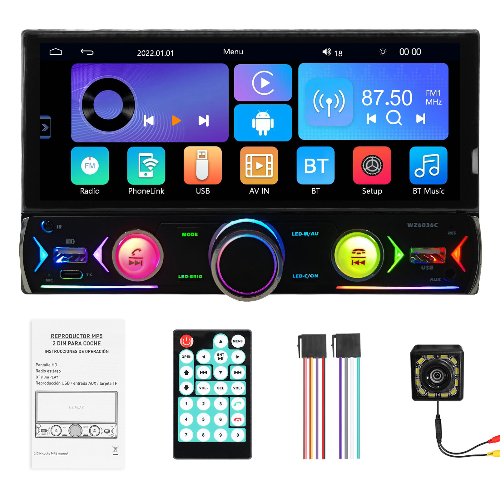 Автомобильная стереосистема BT MP5 Player 6.86 дюймов IPS экран 1280*480, FM радио 87.5-108.0MHz, поддержка ручного звонка, U-Disk/AUX-in, зеркальное отображение телефона, реверсная помощь, управление рулем, с камерой заднего вида, черный цвет, 12V,