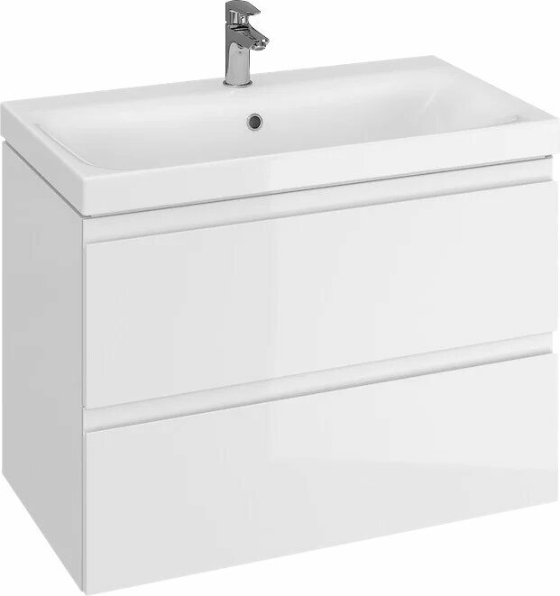 Тумба с раковиной Cersanit Модуо (Moduo) 80 подвесная, 80 см, белая, глянцевая, из МДФ, с ящиками, раковина для ванной, фарфоровая, прямоугольная, встроенный слив-перелив