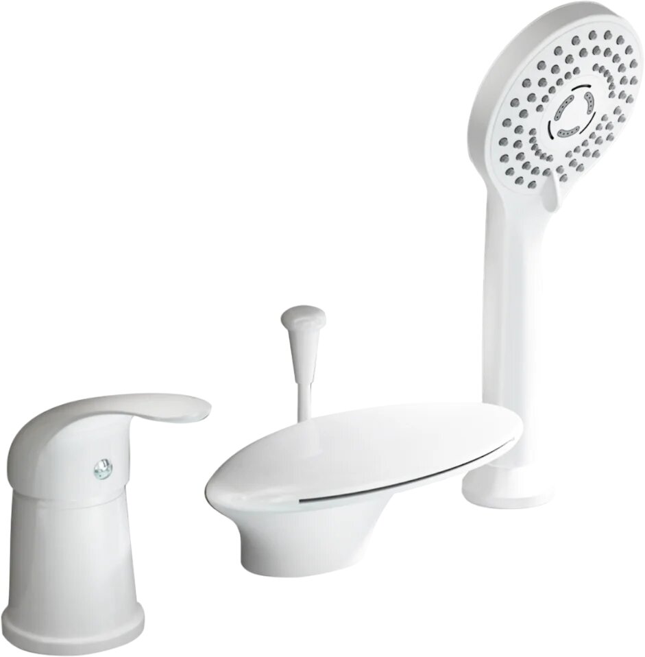 Смеситель на борт ванны Orange Iris M41-333w С внутренней частью, встраиваемый, каскадный, с душевой лейкой, белый, глянцевый, латунный, смеситель для ванны с душем, рычажный