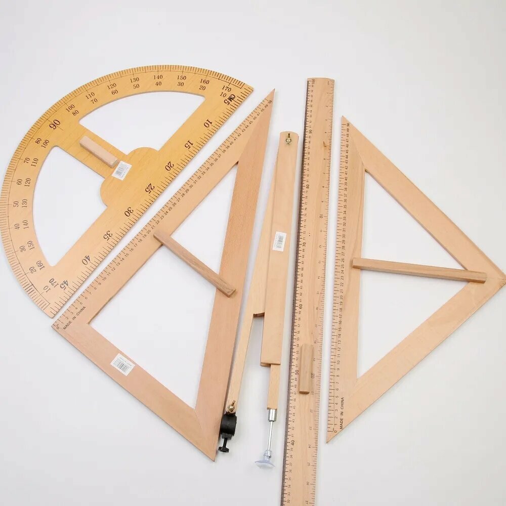 Деревянный набор для школьной доски, 5 предметов: 2 треугольника, 1 транспортир, 1 циркуль, 1 линейка, 1 набор