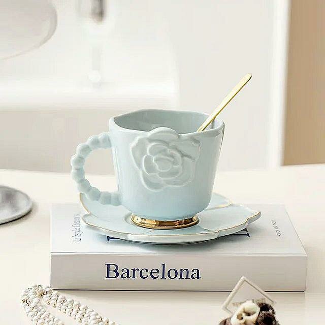 Чайная пара Роза голубой. Кружка керамическая с ложечкой и блюдцем 280мл