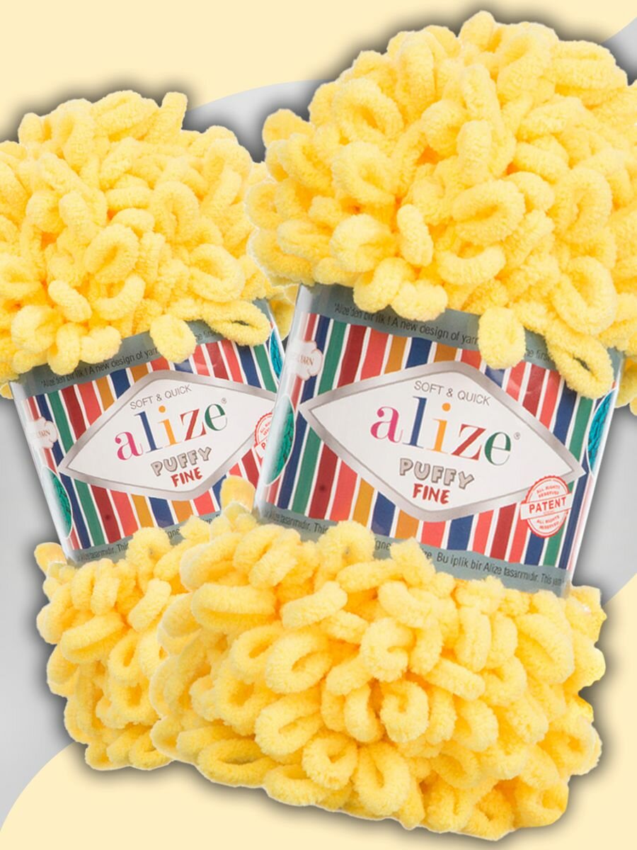 Пряжа для вязания Alize Puffy Fine цвет 113 желтый, 100 г / 14 м, 2 мотка