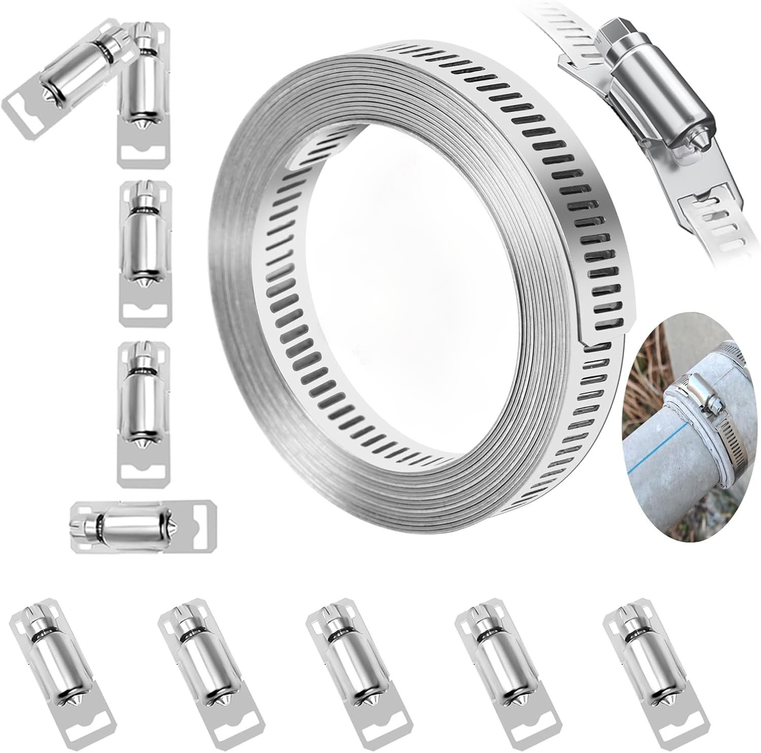 Хомуты для шлангов, обвязка + 10 креплений, самодельные ленточные хомуты из нержавеющей стали марки 304, регулируемые большие червячные хомуты для шлангов в ассортименте