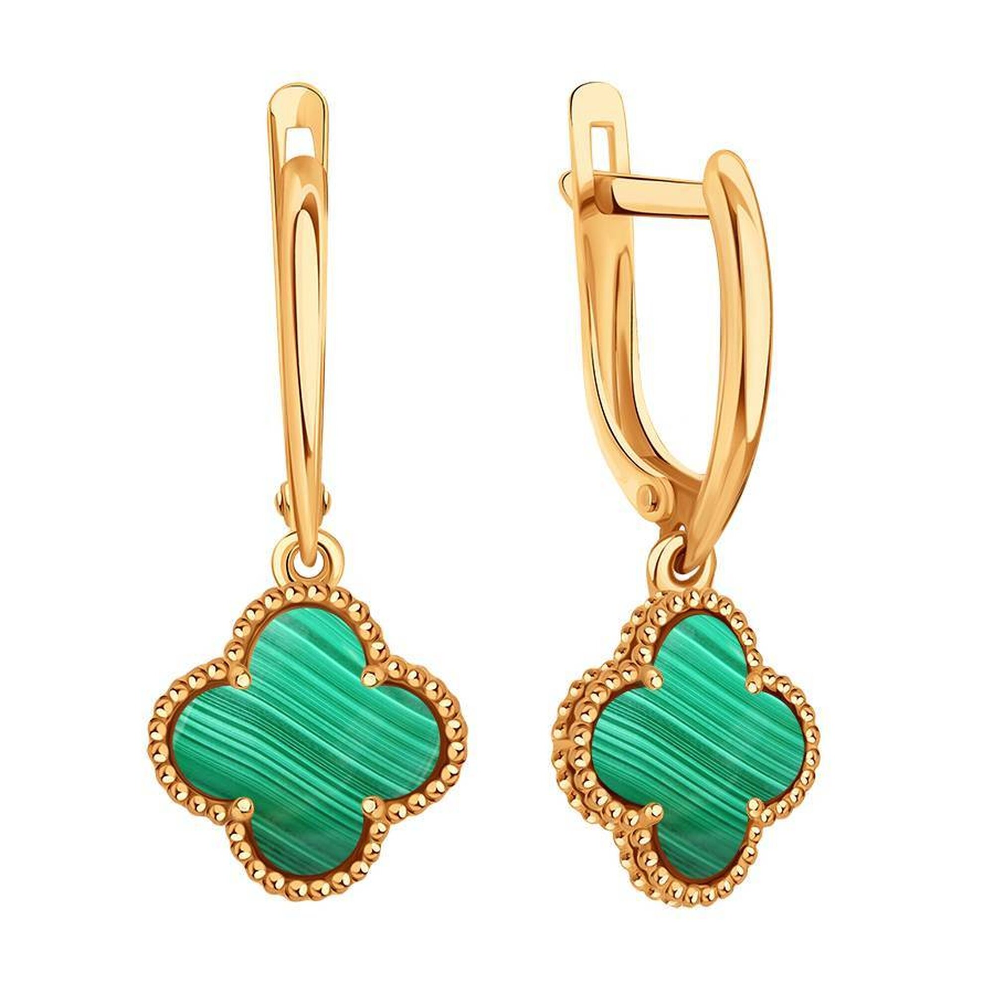Серьги, красное золото, 585 проба, малахит