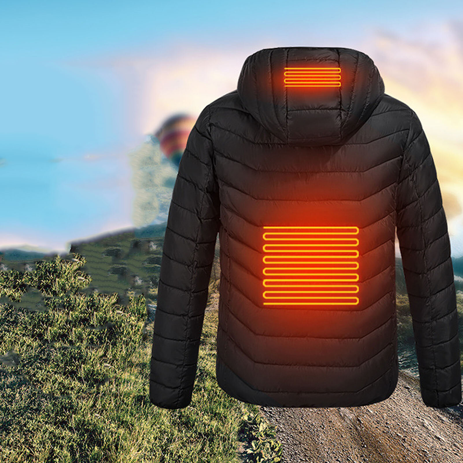 Пальто с капюшоном с электрическим подогревом, 3 температуры, один контроль, 2 зоны, термокуртка с USB-подогревом для мужчин, женщин, черный, XL