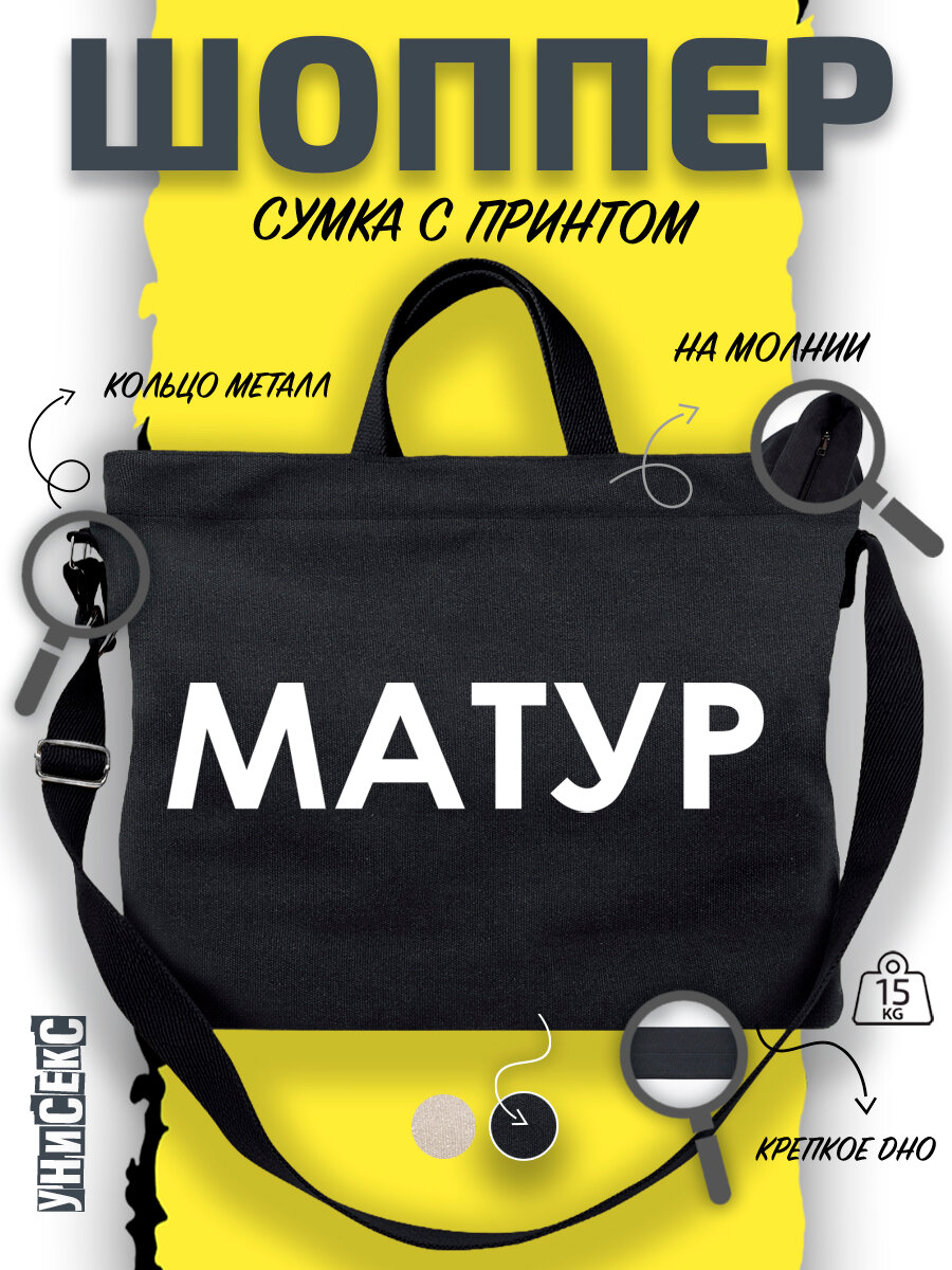 Сумка  шоппер y2k через плечо надпись матур