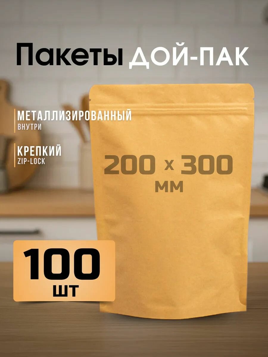 Пакеты Дой-пак 200х300 мм из крафт-бумаги, 100 шт, zip lock, без окна