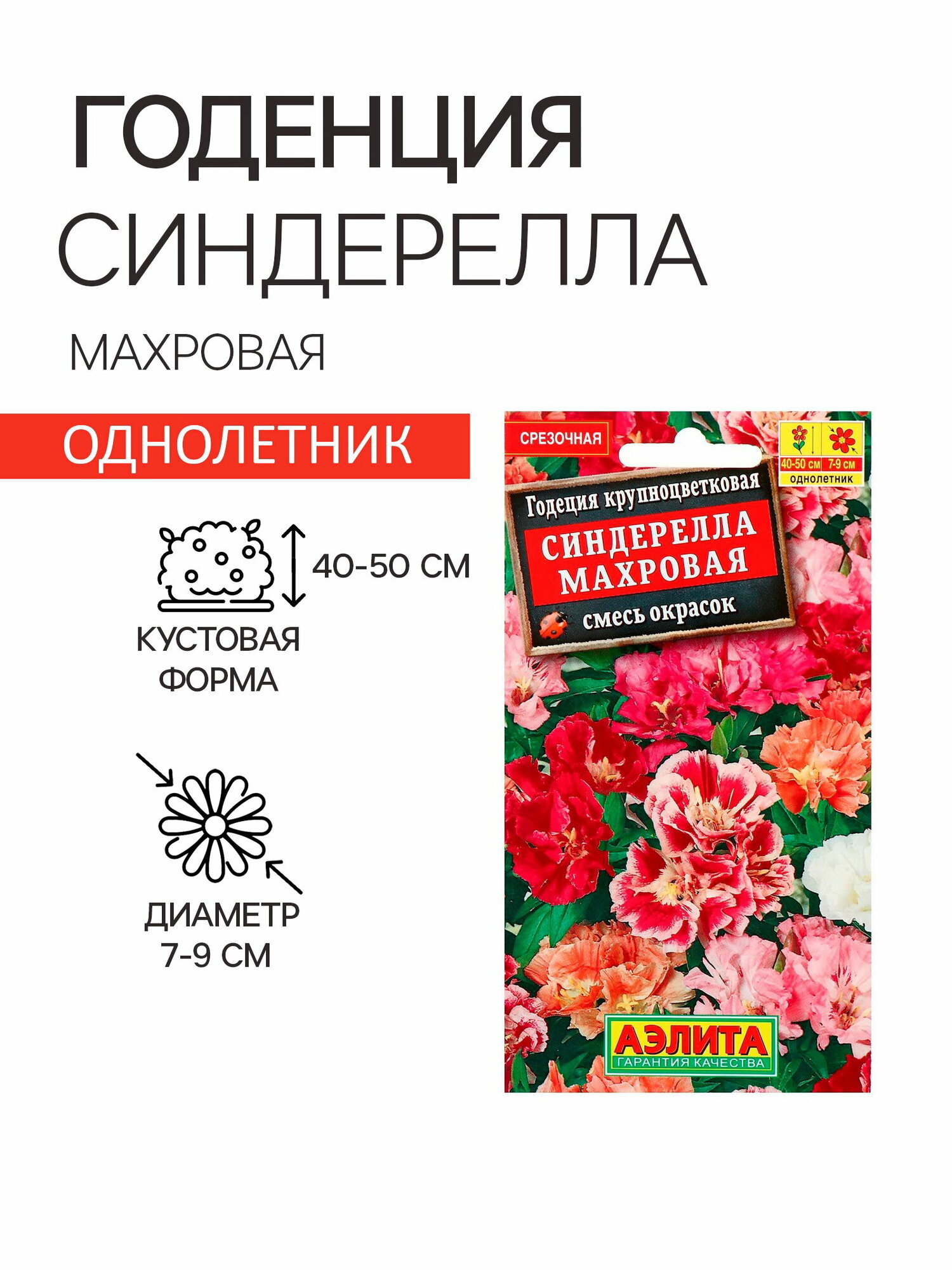 Семена цветов Годеция "Синдерелла" крупноцветковая махровая, смесь окрасок, однолетник, 0.05 г, "Аэлита", 3 шт.