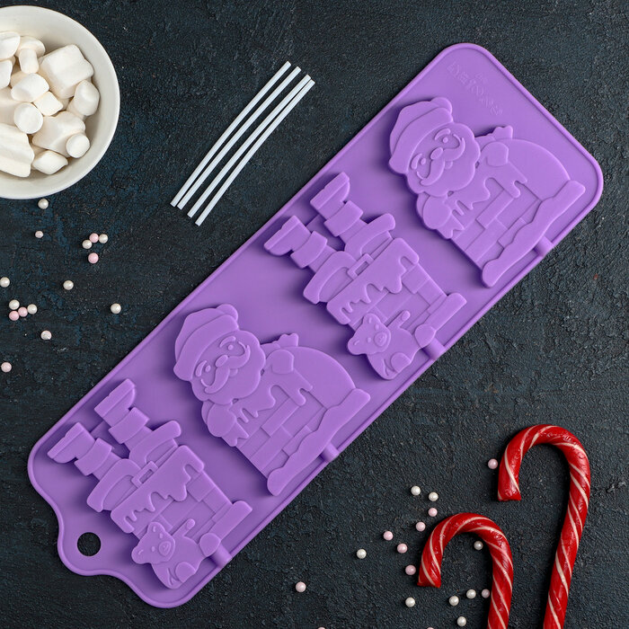 !09 Форма для леденцов новогодняя «Дед Мороз», силикон, 36×12 см, 4 ячейки (10,2×7,5 см), с палочками, цвет микс
