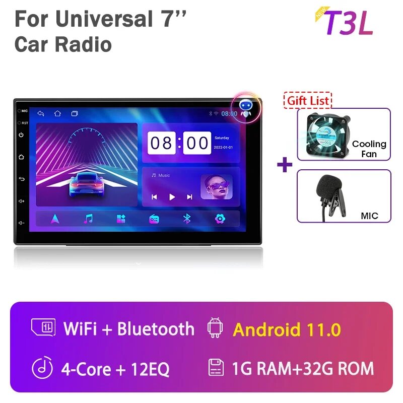 Автомагнитола Srnubi на Android 12, универсальный мультимедийный плеер 2DIN, 7 дюймов, 4G, GPS, DVD, для Lada, Ford, toyota, CR-V, Hyundai, Kia, T3L(1G 32G)