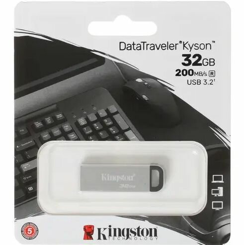 Память USB Flash 32 ГБ Kingston DataTraveler Kyson (DTKN/32GB) - USB 3.2 Gen1, до 200 Мбайт/сек, монолит, металл