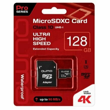 Карта памяти QUMO QM128GMICSDXC10U3 128 ГБ (QM128GMICSDXC10U3) - microSDHC, UHS-I U3, чтение - 90 Мбайт/сек, запись - 70 Мбайт/сек