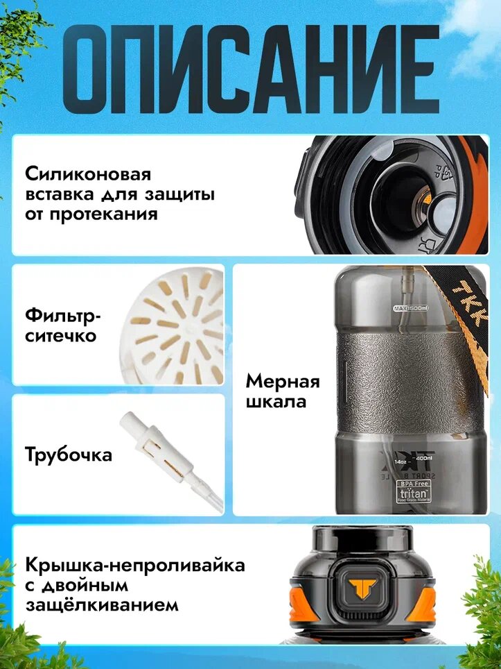 Спортивная фитнес бутылка фляга для воды TKK Premium из тритана с трубочкой, 1500 мл, чёрная