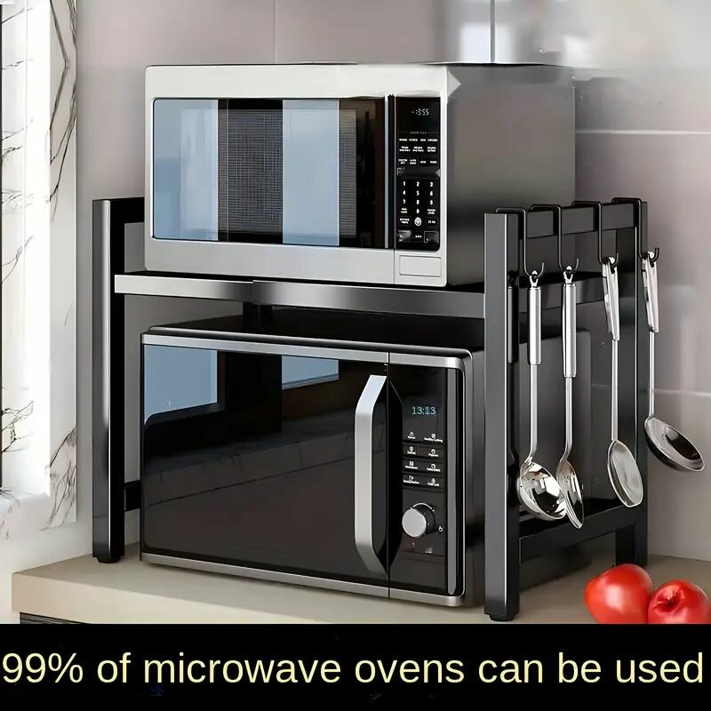 Регулируемая полка для микроволновки с крючками, прочная металлическая подставка под технику, органайзер для кухни