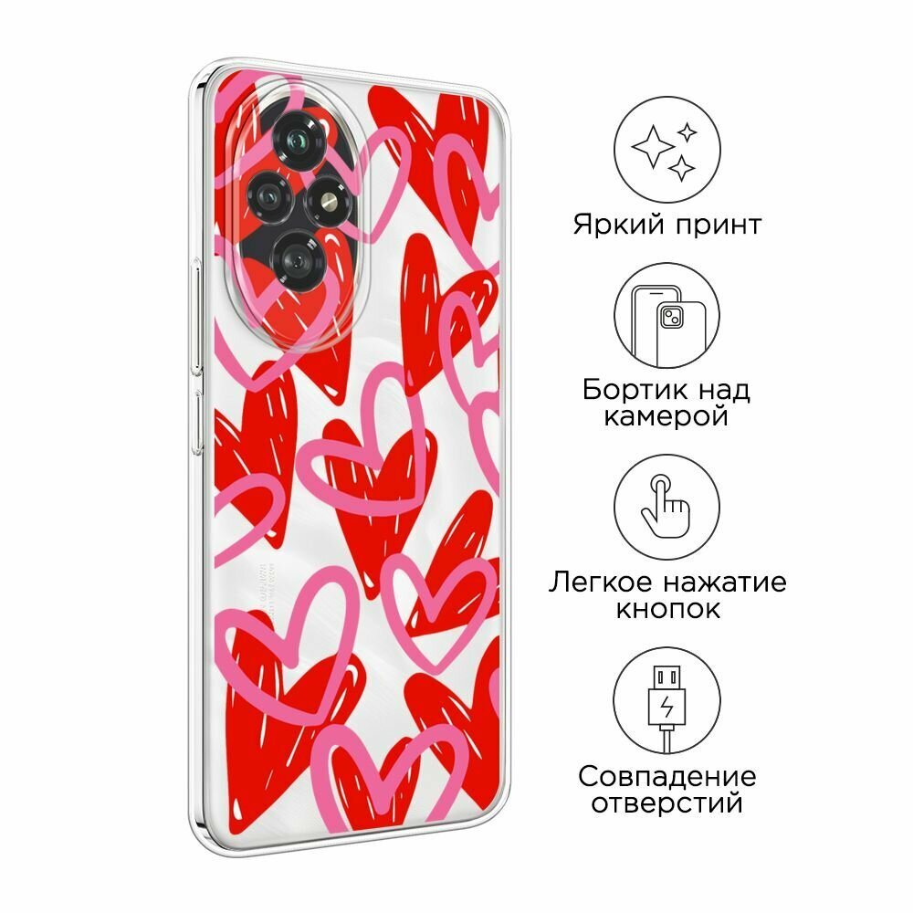 Чехол на Honor 200 / Хонор 200 с принтом "Hearts doodles - 14 февраля", прозрачный — фото 1