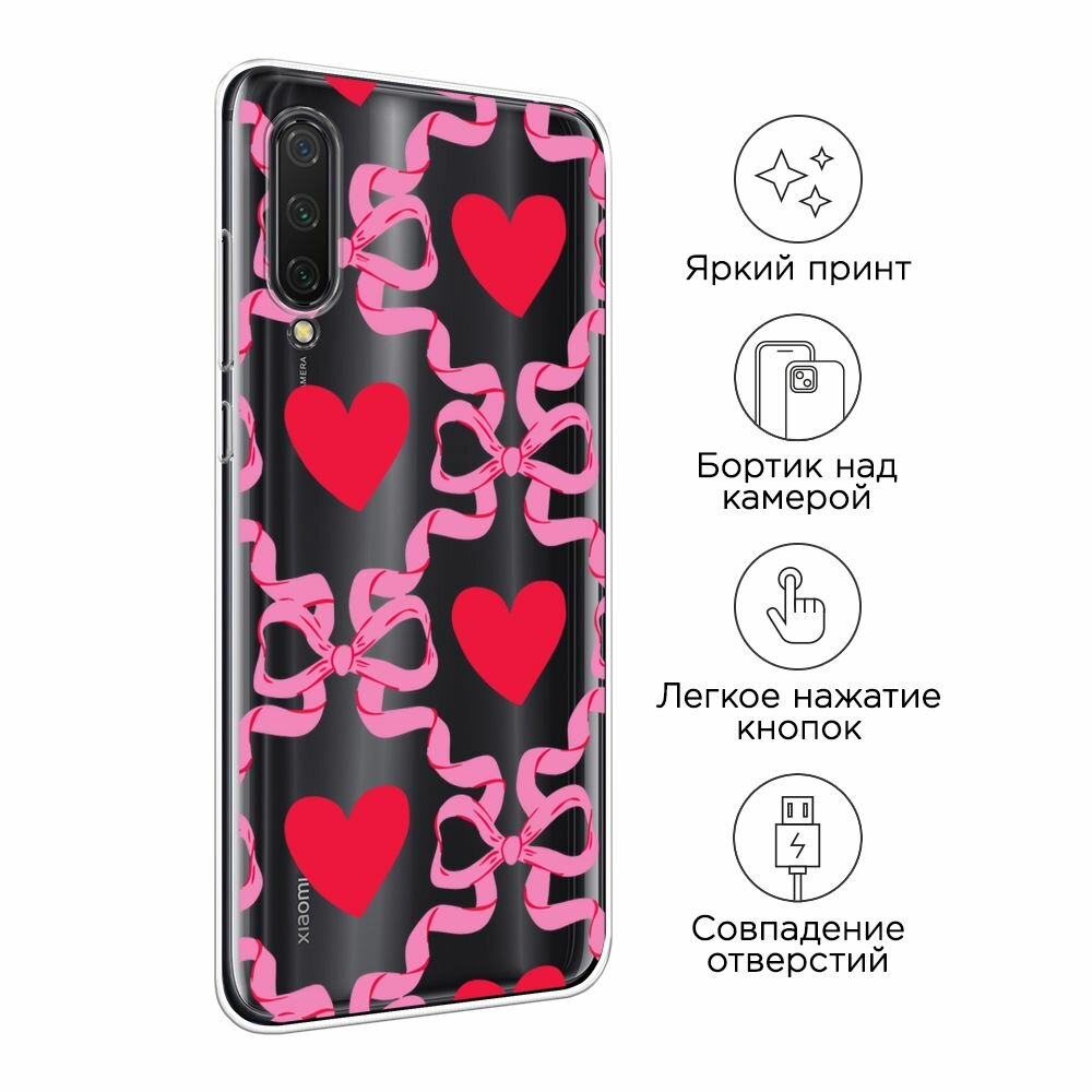 Чехол на Xiaomi Mi CC9/A3 Lite/9 Lite / Сяоми Mi CC9/A3 Lite с принтом "Hearts and ribbons 2 - 14 февраля", прозрачный — фото 1