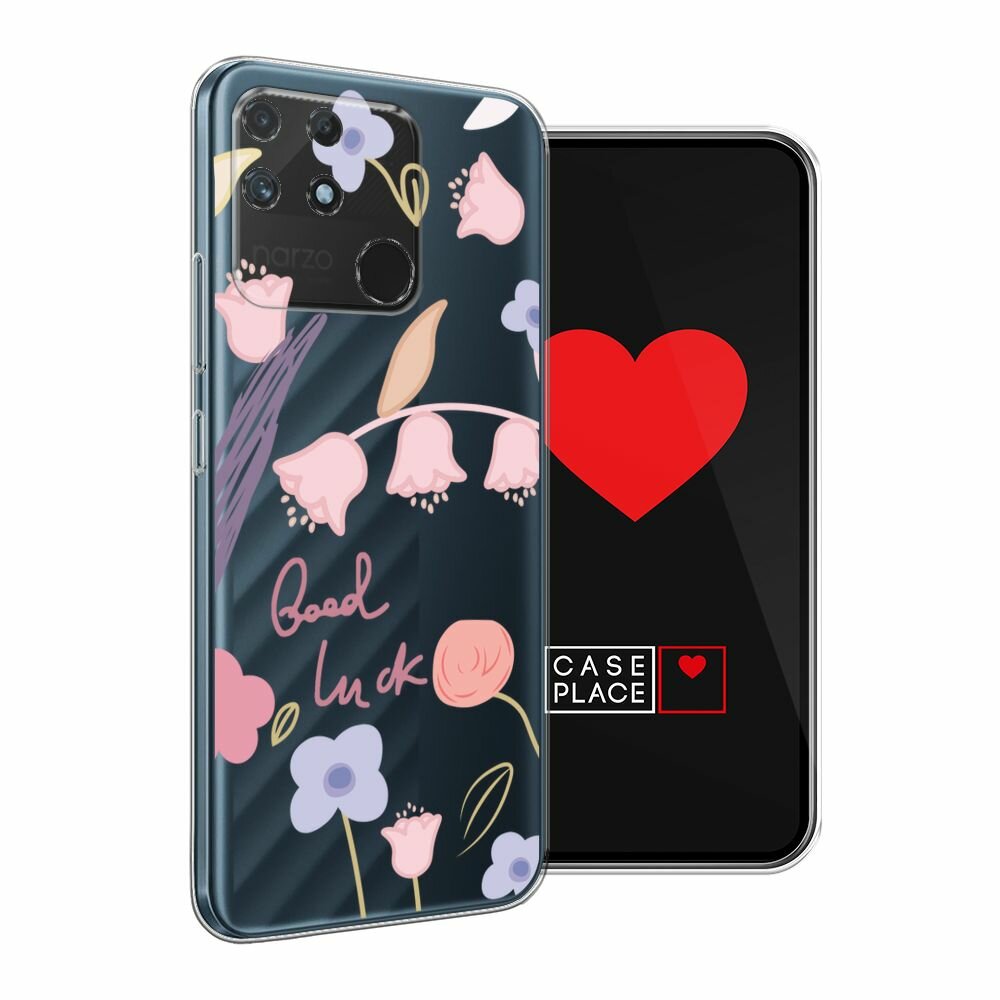 Чехол на Realme Narzo 50A / Реалми Нарзо 50A с принтом "Lucky flowers", прозрачный — фото 1
