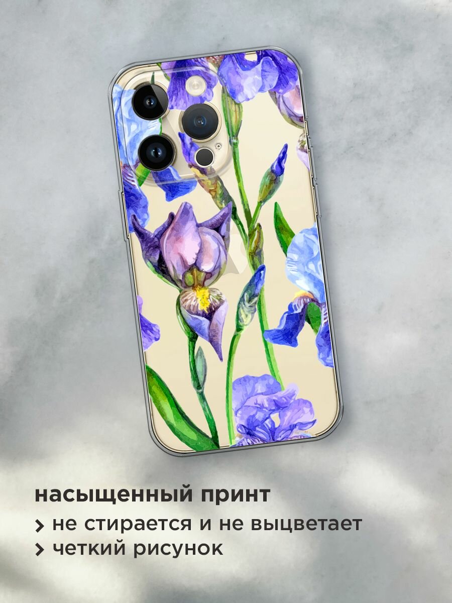 Чехол на Apple iPhone 14 Pro / Айфон 14 Про с принтом "Синие ирисы", прозрачный — фото 1