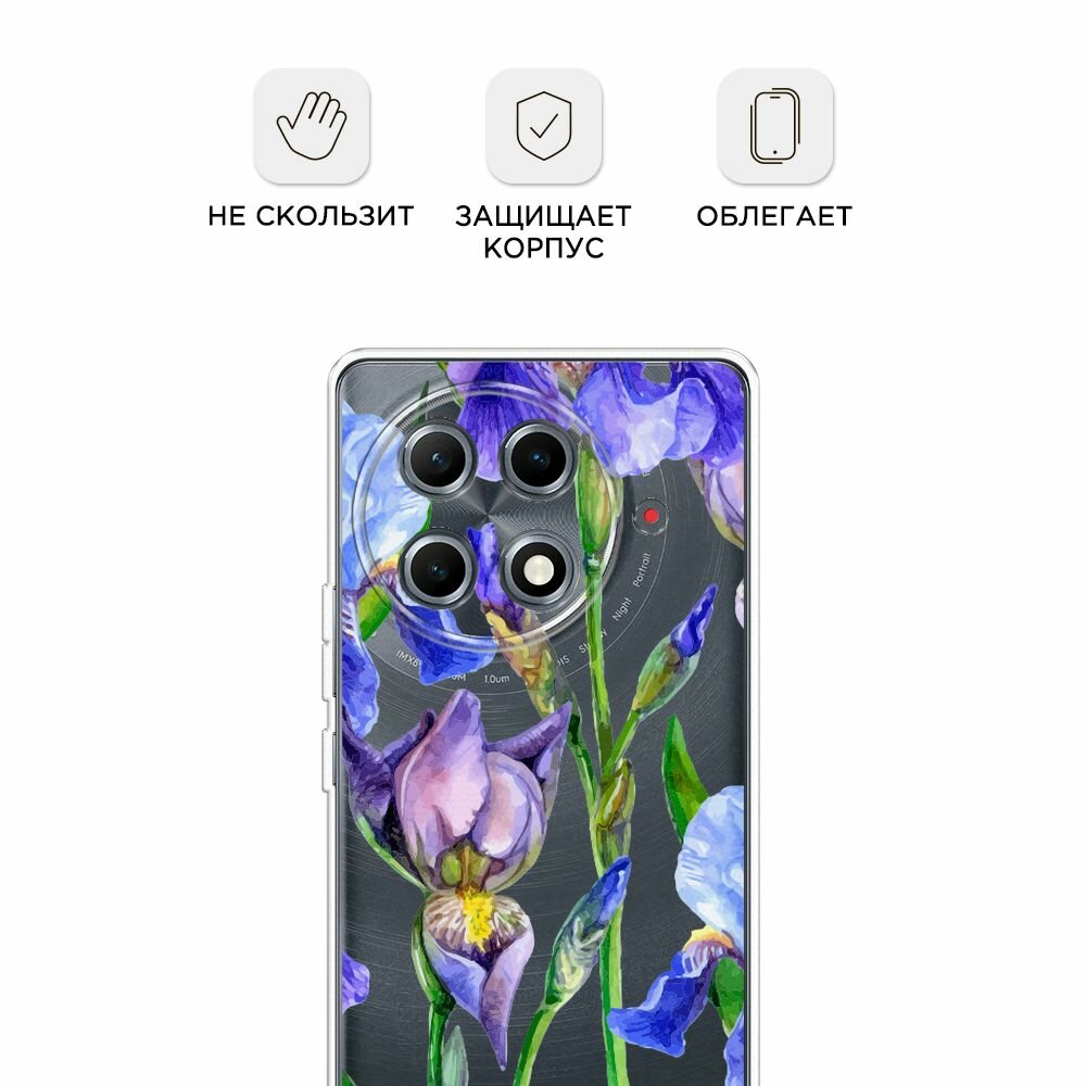 Чехол на Tecno Camon 30S Pro / Текно Камон 30S Про с принтом "Синие ирисы", прозрачный — фото 1
