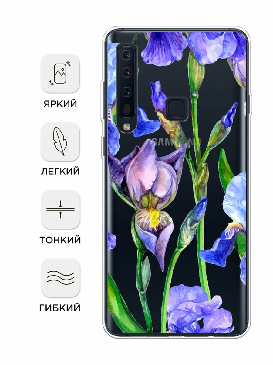 Чехол на Samsung Galaxy A9 2018 / Самсунг Галакси А9 2018 с принтом "Синие ирисы", прозрачный — фото 1