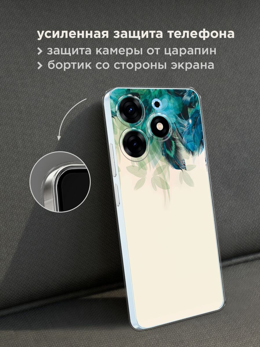 Чехол на Tecno Spark 10 Pro / Текно Спарк 10 Про с принтом Перья голубого цвета — фото 1