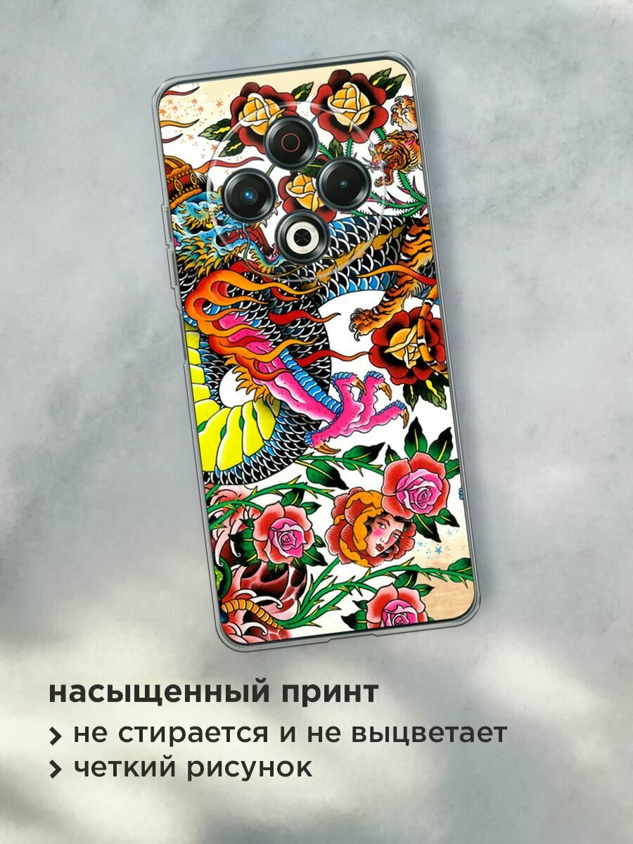 Чехол на Tecno Spark 30 / Текно Спарк 30 с принтом "Дракон в цветах" — фото 1